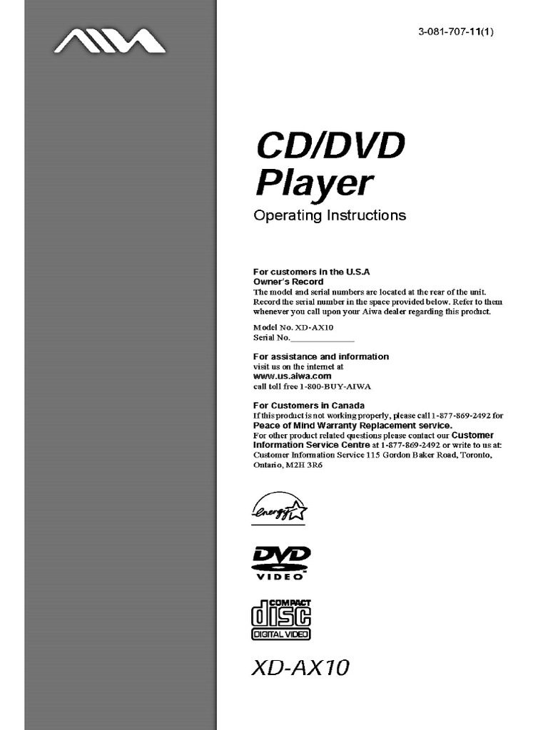 Aiwa XD AX10 Owners Manual | PDF