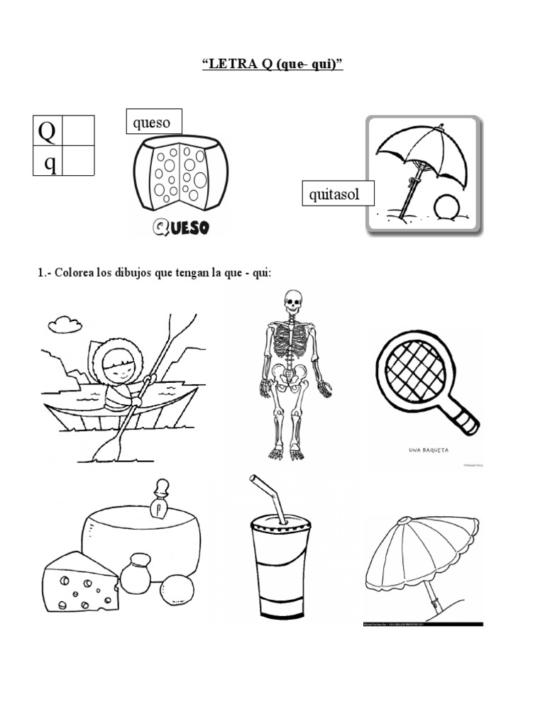 Letra Q (que- qui): Actividades sobre palabras con que y qui | PDF