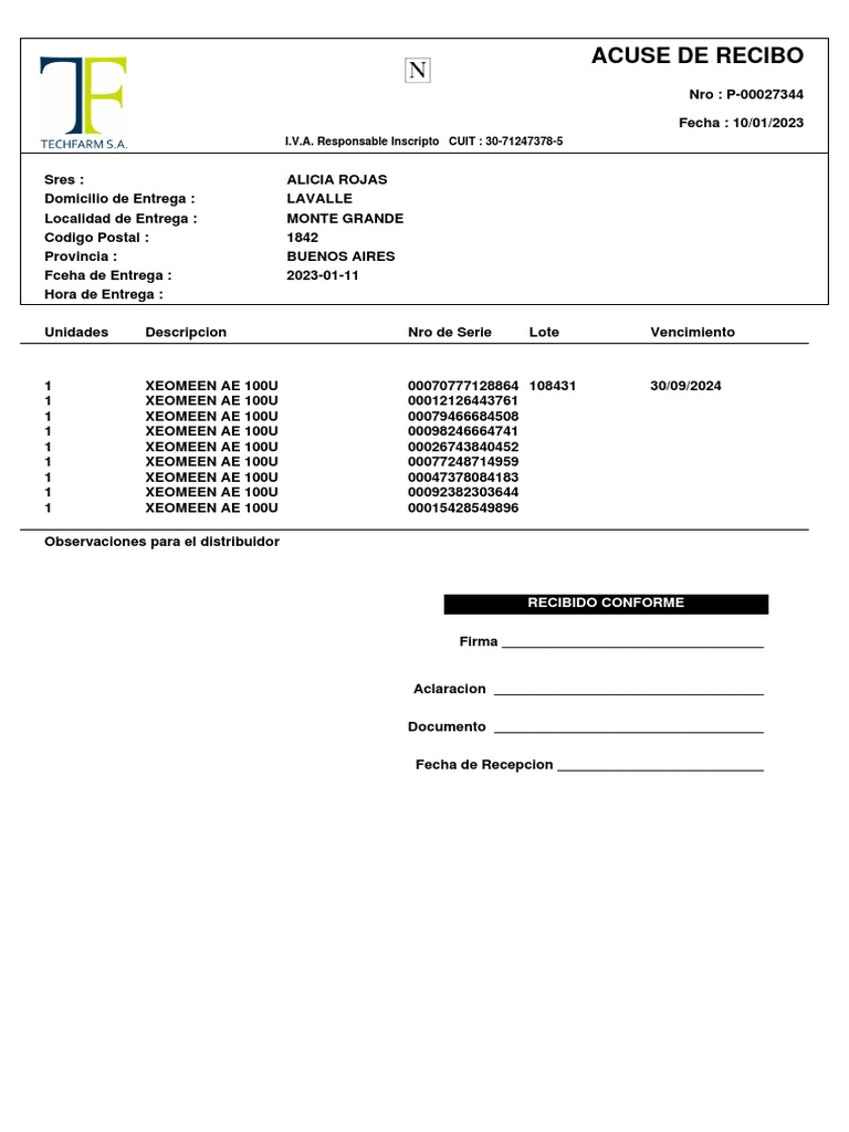 Acuse de Recibo: I.V.A. Responsable Inscripto CUIT: 30-71247378-5 | PDF