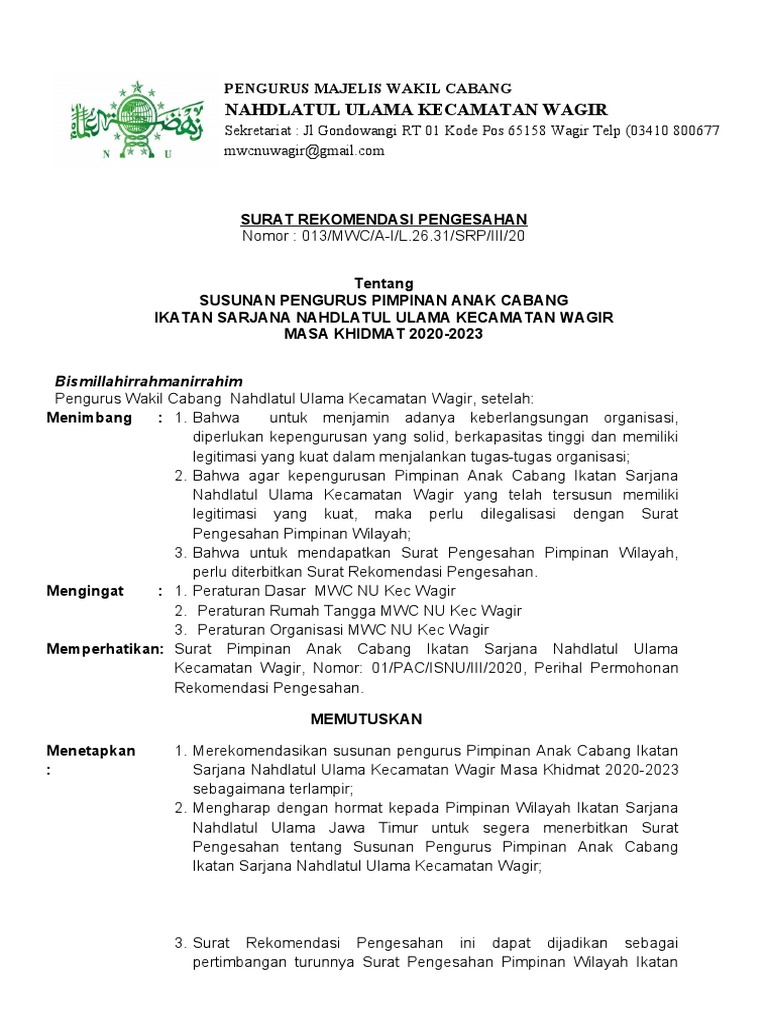 Surat Rekomendasi MWC | PDF