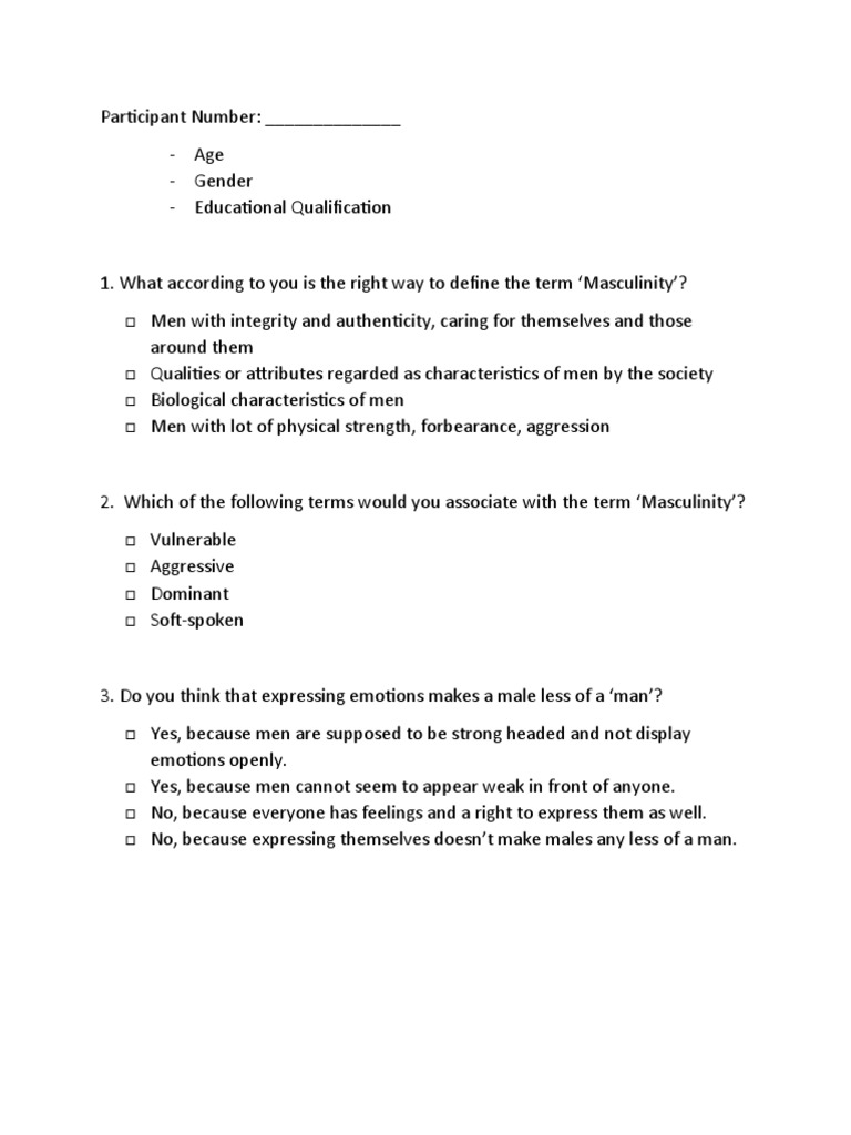 Sociology Survey Form - Manasvi Bhatia | PDF | Masculinity | Gender
