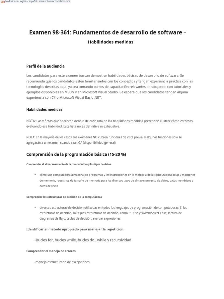 Exam 98 361 Software Development Fundamentals Skills Measured - En.es ...