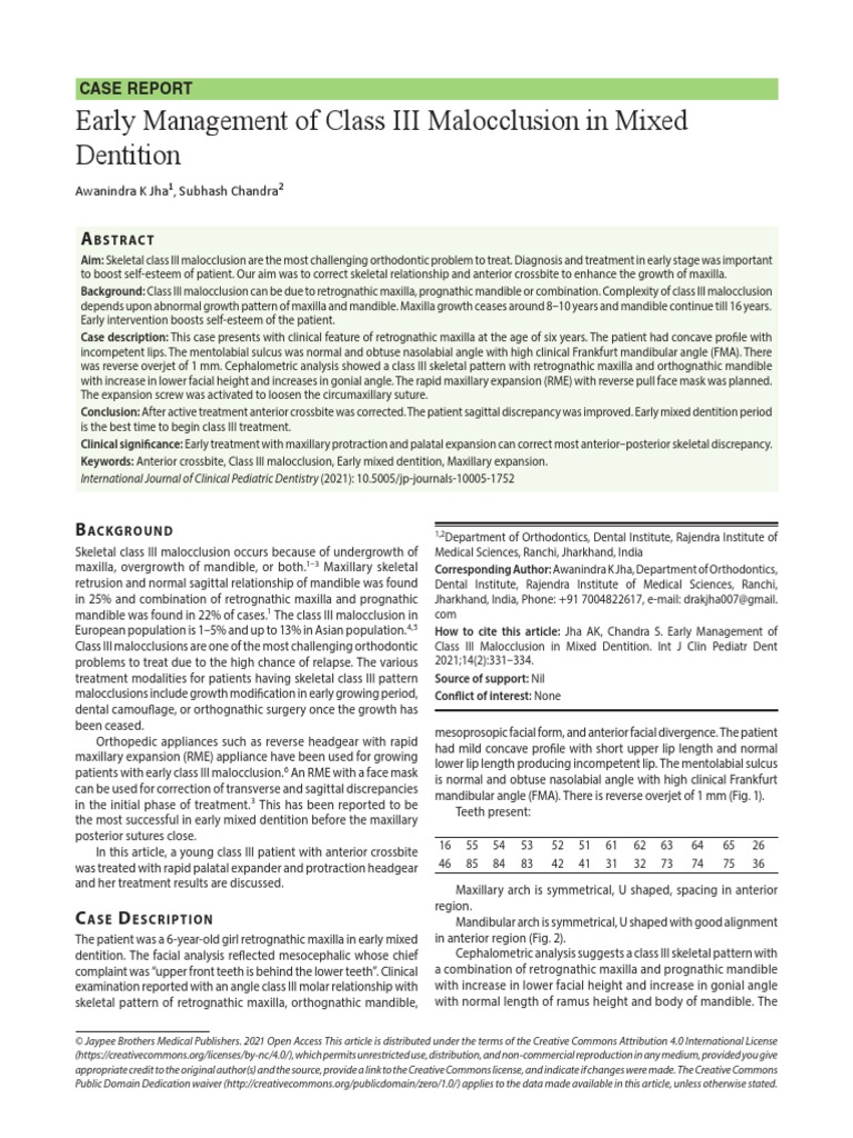Early Management of Class III Malocclusion in Mixed Dentition | PDF ...