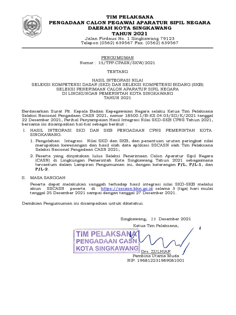 2021-12-23 Pengumuman Hasil Integrasi Nilai SKD-SKB | PDF