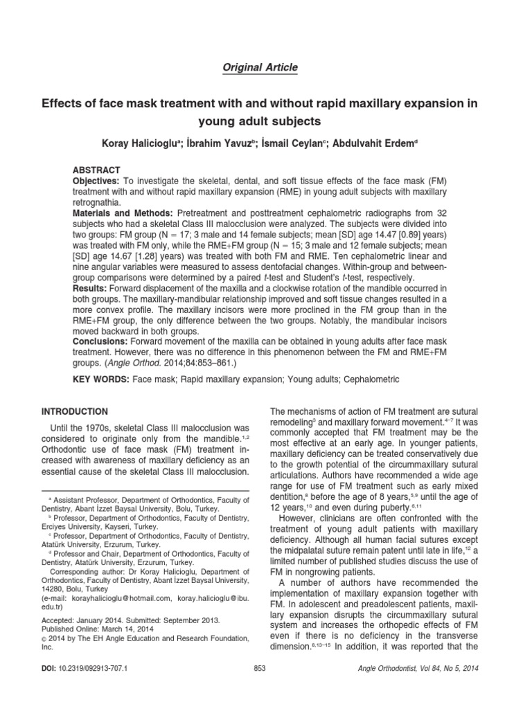 Effects of Face Mask Treatment With and Without Rapid Maxillary ...
