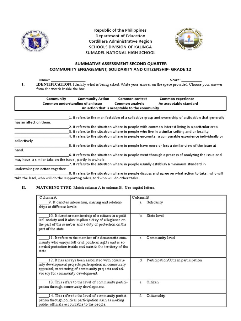 Grade 12 Summative Assessment: 2nd Quarter | PDF | Community | Citizenship