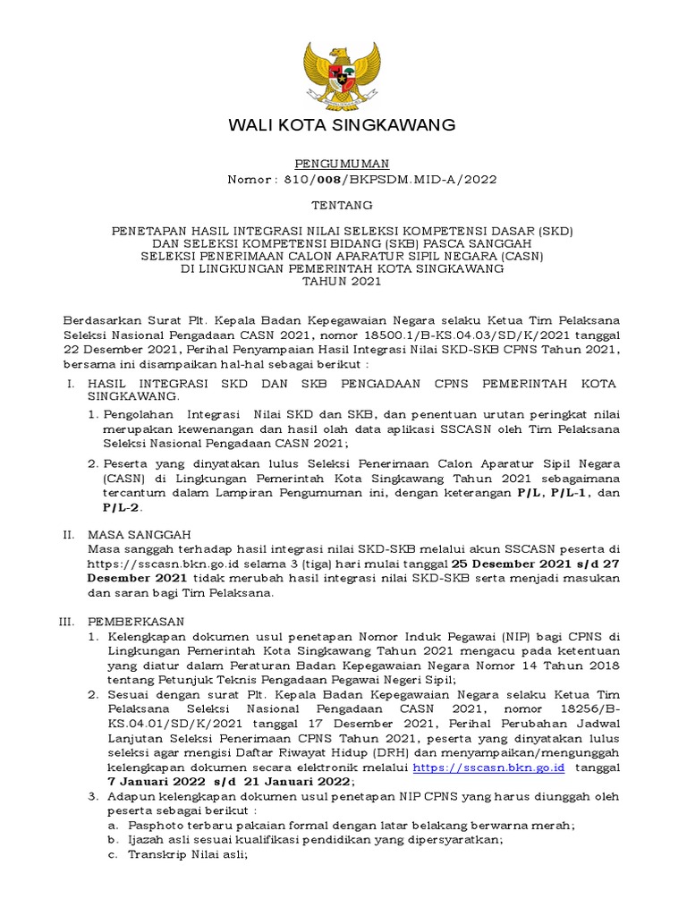 Pengumuman Penetapan Hasil Integrasi Nilai SKD-SKB Pasca Sanggah | PDF