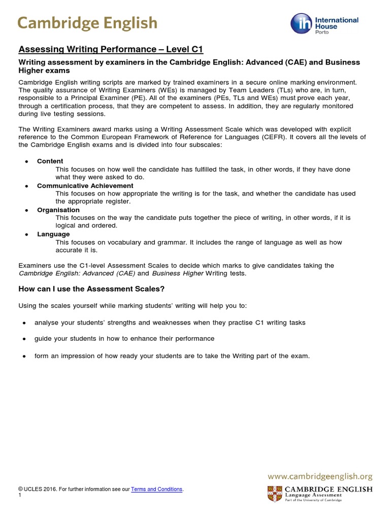 Assessing Writing Performance at Level c1 PDF | PDF | Communication ...