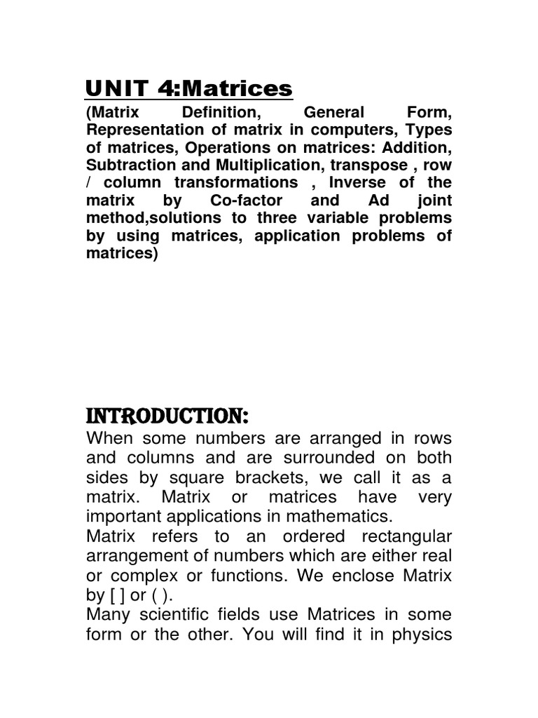 UNIT 4 Matrices | PDF | Matrix (Mathematics) | Determinant