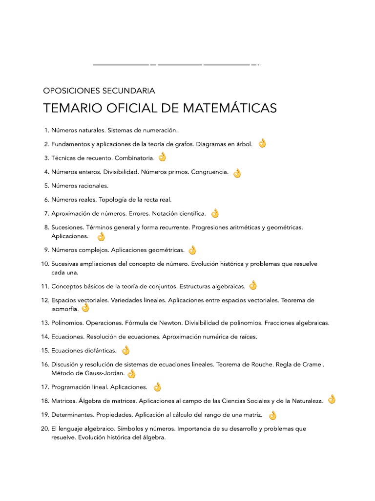 Temario Oficial Matemáticas - Oposiciones Secundaria - 1 | PDF