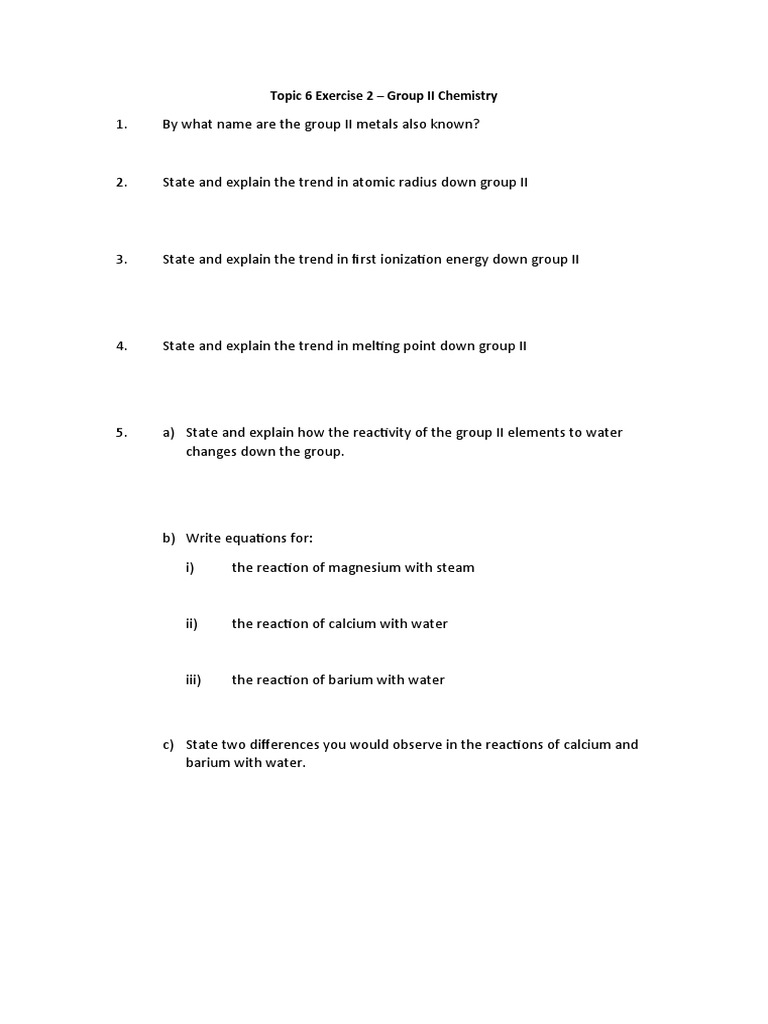 Topic 6 Exercise 2 - Group 2 Chemistry | PDF