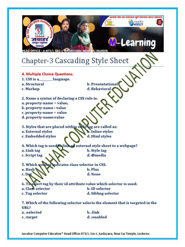 CH 3 CASCADING STYLE SHEET - MCQ - Eng | PDF | Html Element | Computer Science