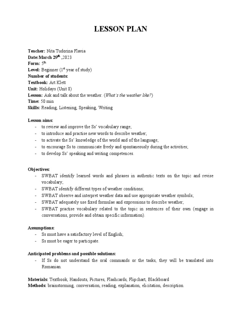 0 - Lesson - Plan - Weather Cls 5 | PDF | Vocabulary | Fahrenheit