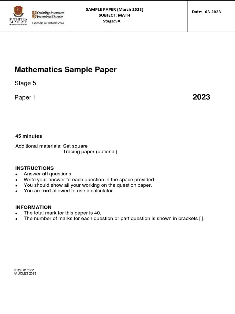 Stage 5 Sample Test Paper | PDF | Elementary Mathematics | Mathematics