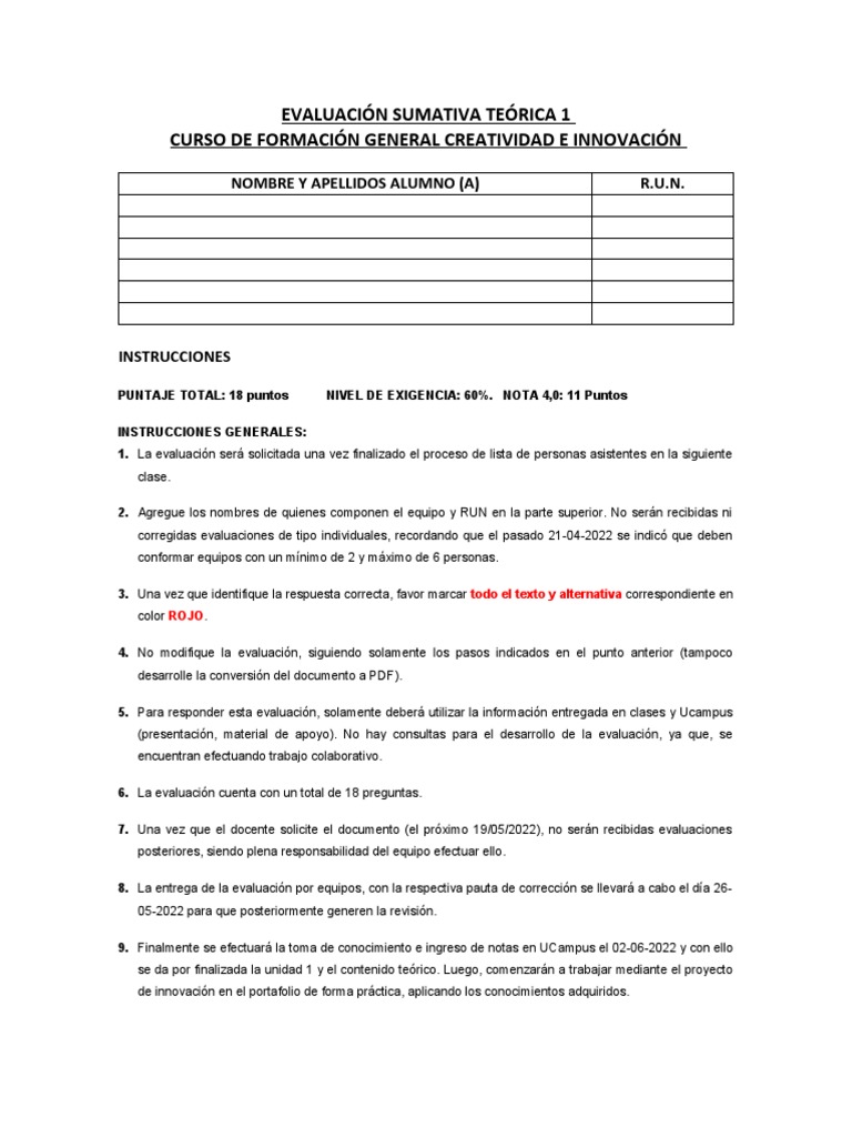 Prueba Sumativa Creatividad e Innovaci N. 2022 | PDF | El pensamiento de diseño | Creatividad