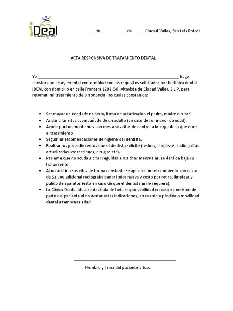 Acta Responsiva de Tratamiento Dental Mcd | PDF