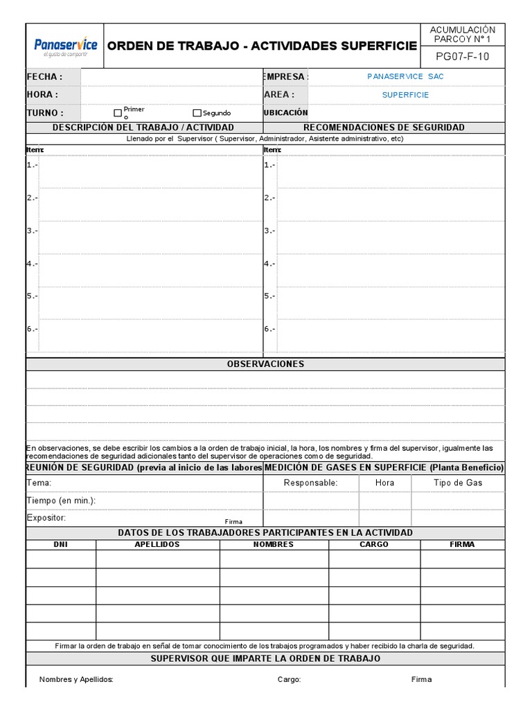 PG07-F-10 Orden de Trabajo - Superficie | PDF