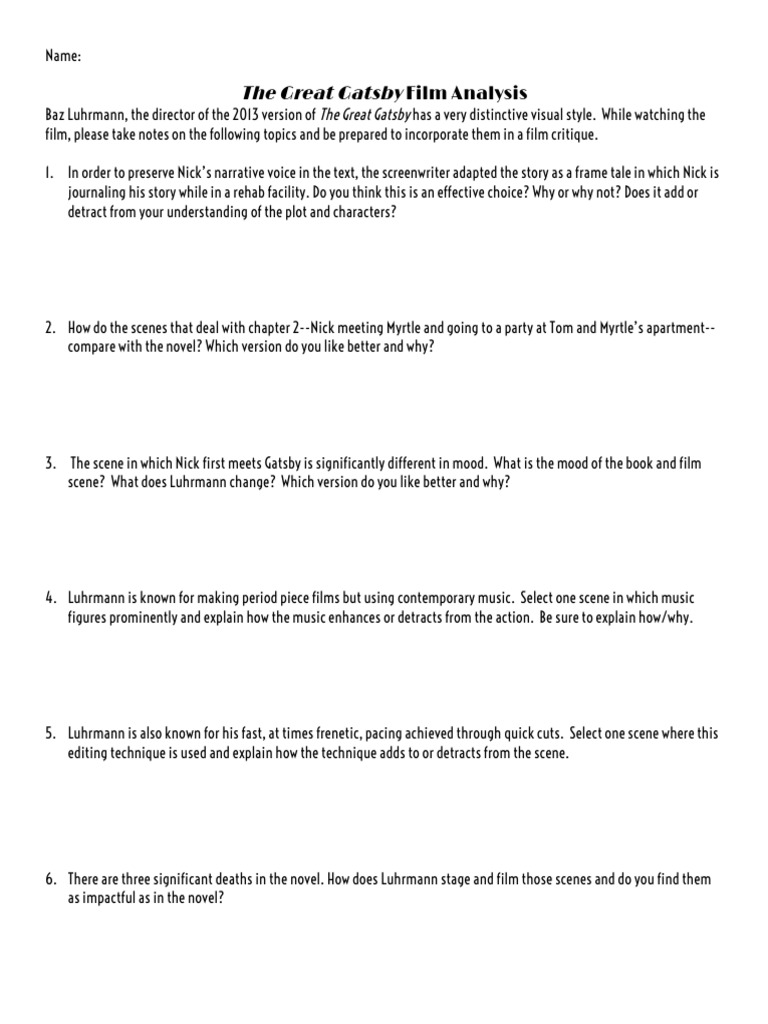 Great Gatsby Film Analysis Guide | PDF | The Great Gatsby