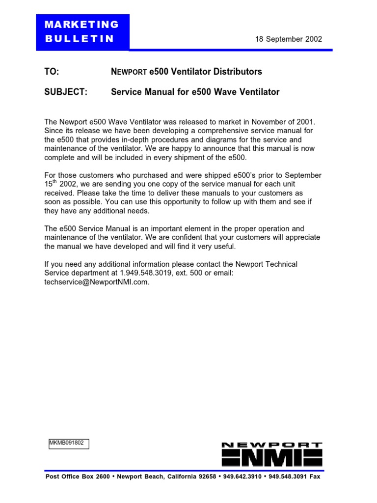e500 Wave Ventilator Service Manual | PDF