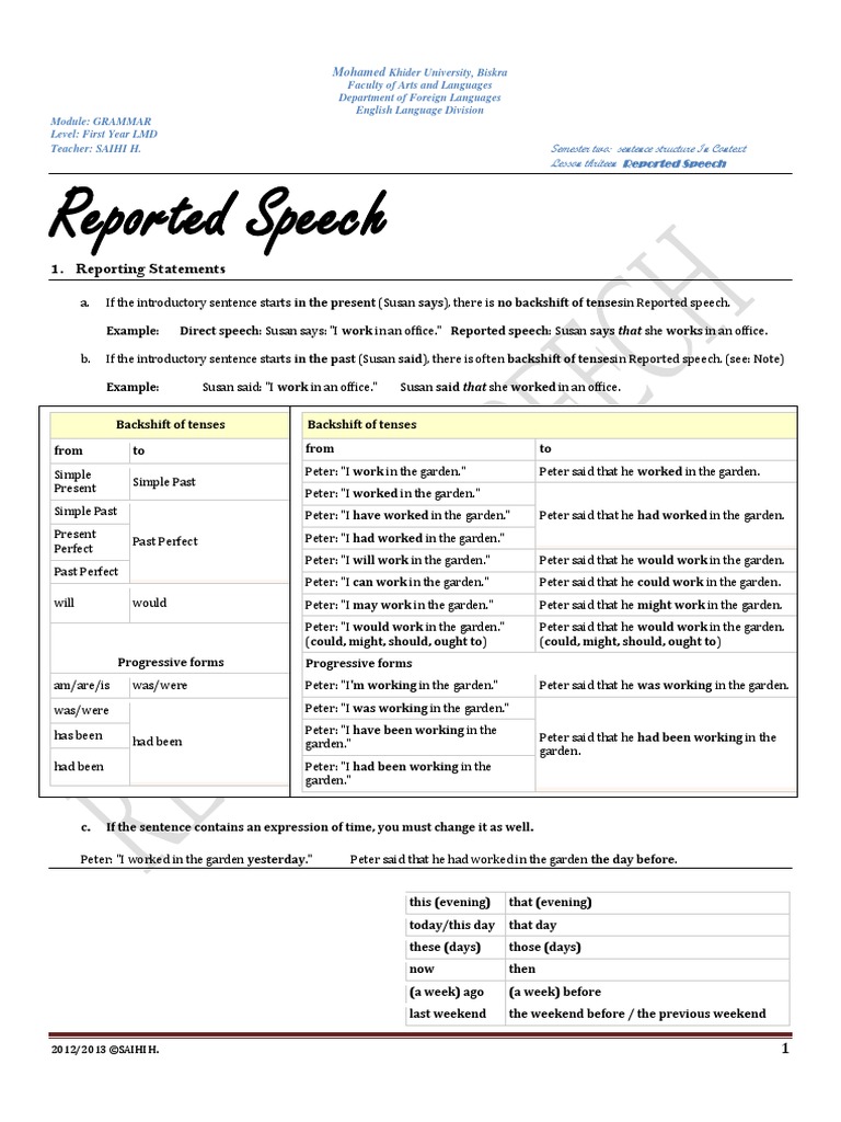 Reported Speech PDF | PDF