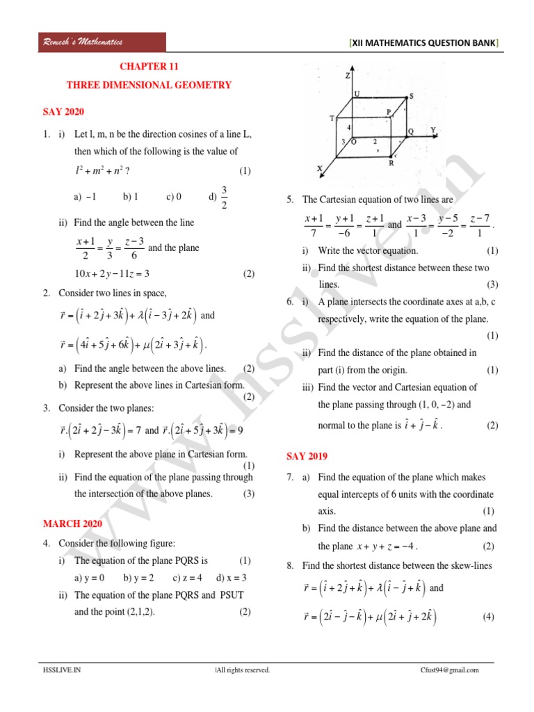 Hsslive-11. THREE DIMENSIONAL GEOMETRY PDF | PDF | Line (Geometry) | Plane (Geometry)