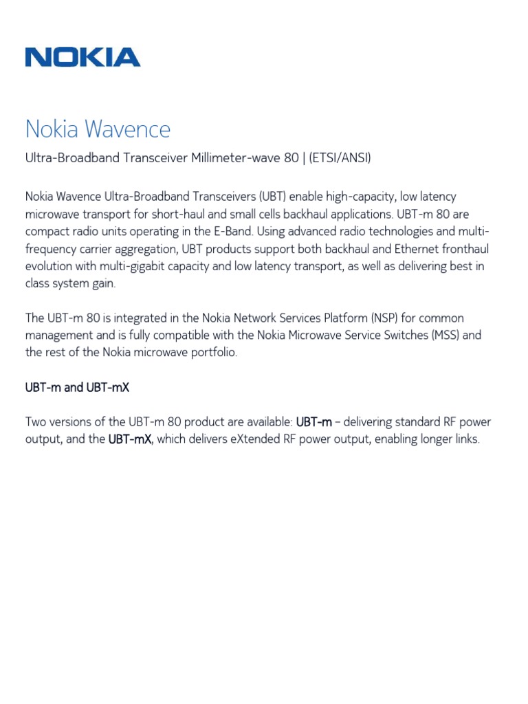 Nokia Wavence Datasheet Ultra Broadband Transceiver E Band 80GHz UBT M ...