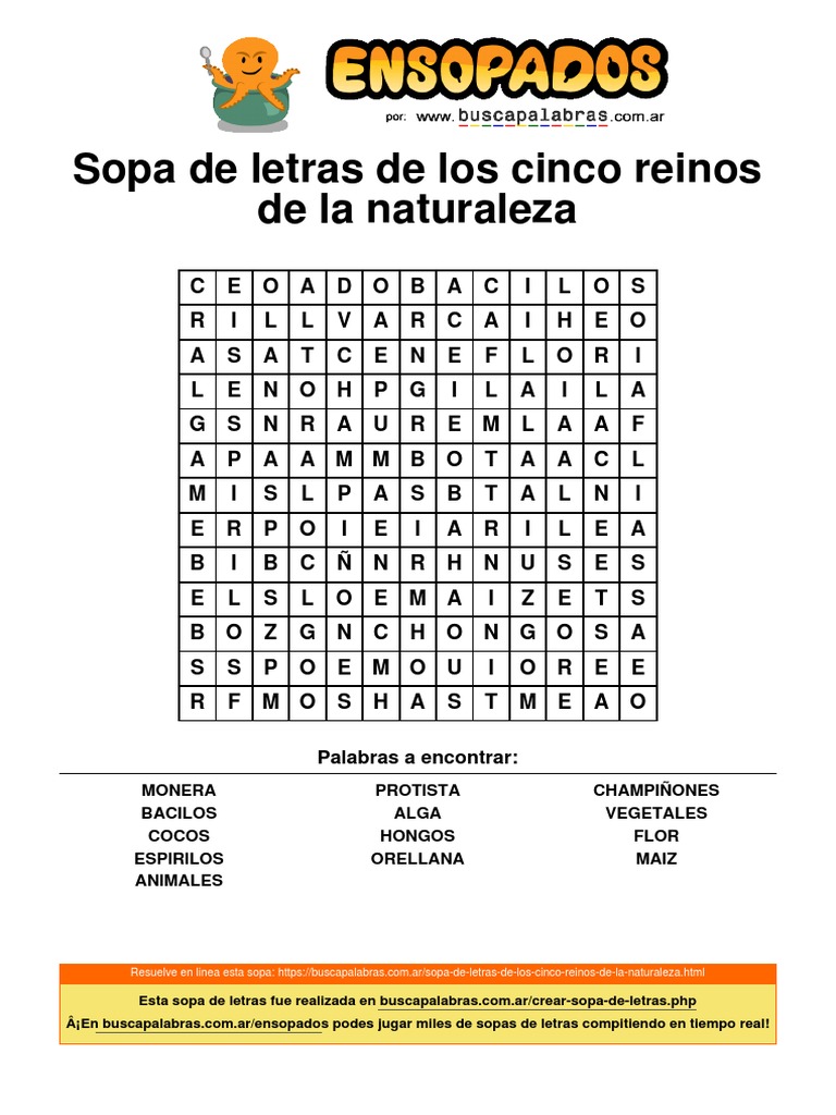 Sopa de Letras de Los Cinco Reinos de La Naturaleza | PDF