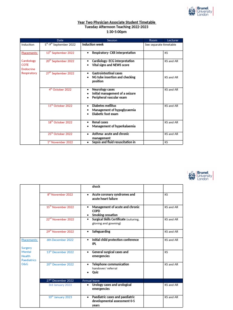 Year Two Physician Associate Student Timetable Tuesday Afternoon ...
