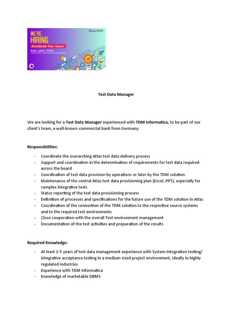 Test Data Manager Position at Bank | PDF | Business | Technology ...