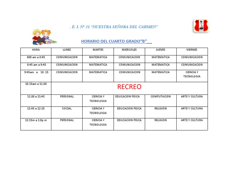 Horario Cuarto Grado B | PDF