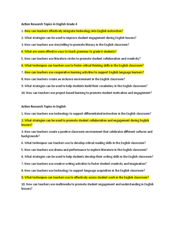 Action Research Topics in English Grade 4 | PDF | Differentiated ...