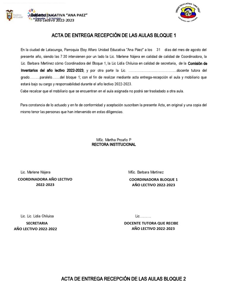 Acta de Entrega Recepción Daulas y Mobiliario Del Año Lectivo 2022-2023 | PDF | Estudios de ...