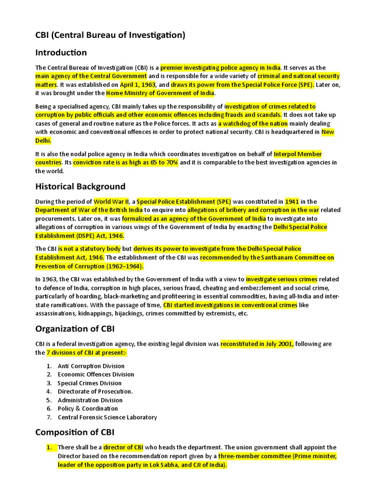 CBI (Central Bureau of Investigation) | Download Free PDF | Government Of India | Law Enforcement