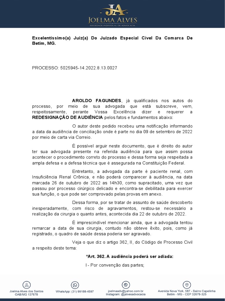 Pedido de Redesignação de Audiência | PDF | Advogado | Processo civil Pedido de Redesignação de Audiência | PDF | Advogado | Processo civil