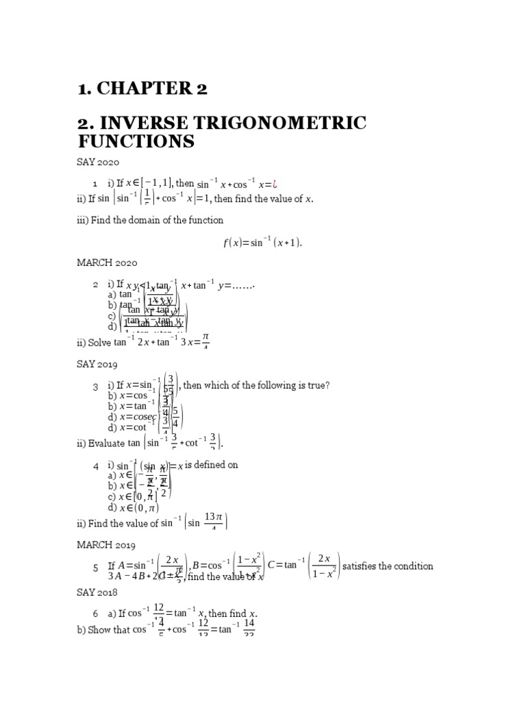 Class 12 Inverse Trigonometry Questions | PDF | Function (Mathematics ...