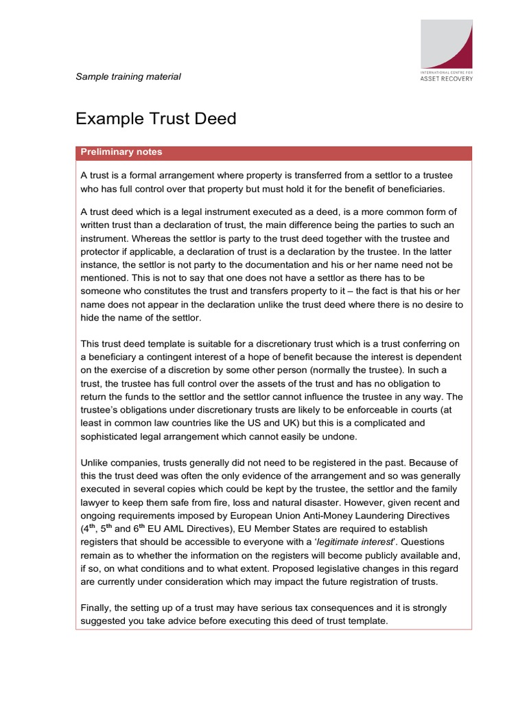 Example Trust Deed Final 24.6.21 PDF | PDF | Trust Law | Indemnity