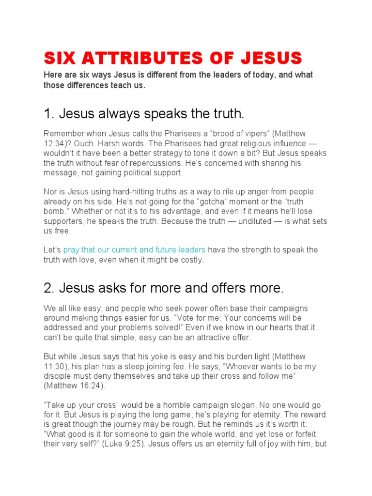 SIX ATTRIBUTES OF JESUS Lecture March 6 2023 | PDF | Jesus | Forgiveness SIX ATTRIBUTES OF JESUS Lecture March 6 2023 | PDF | Jesus | Forgiveness