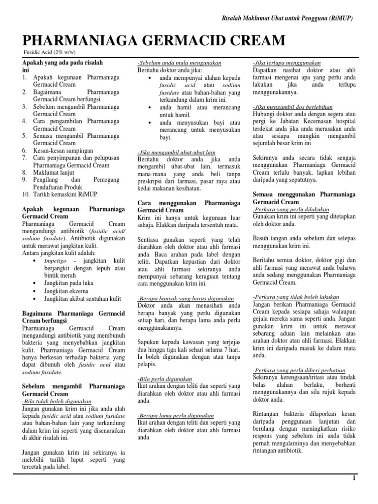 Pharmaniaga Germacid Cream Fusidic Acid Pharmaniaga Manufacturing BHD ...