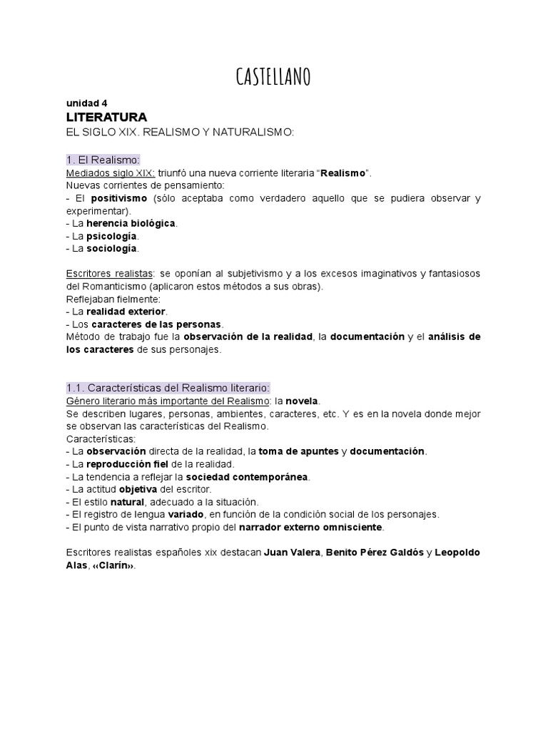 Castellano Unidad 4 y 5 | PDF | Realismo literario | Lengua española