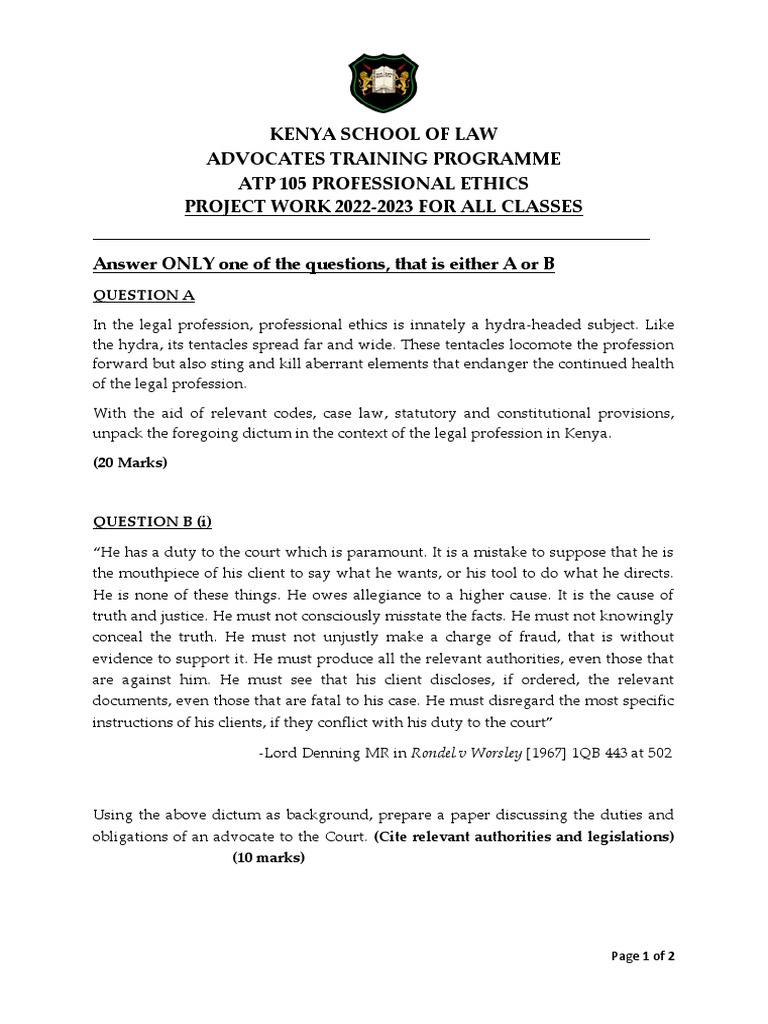 ATP 105 PROFESSIONAL ETHICS Project Work 2022 - 2023 ALL CLASSES | PDF ...