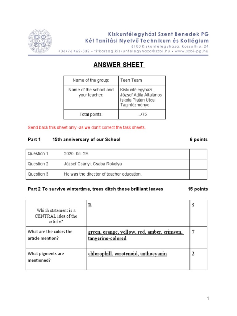 Answer Sheet 2020 Pdf