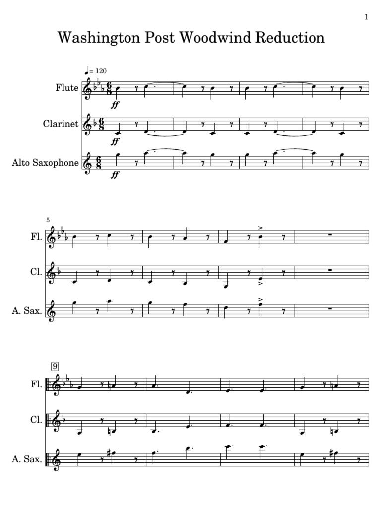 Washington Post Woodwind Reduction - Flute - Clarinet - Alto Saxophone ...