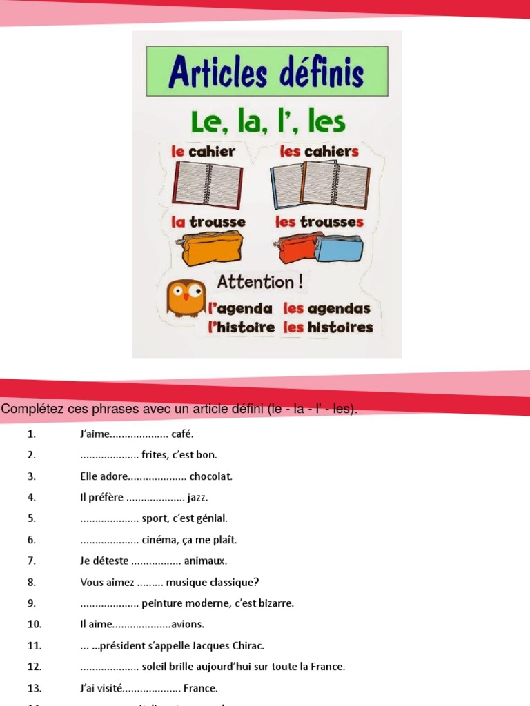 Exercices sur les articles définis | PDF | Sports et loisirs | Maison ...