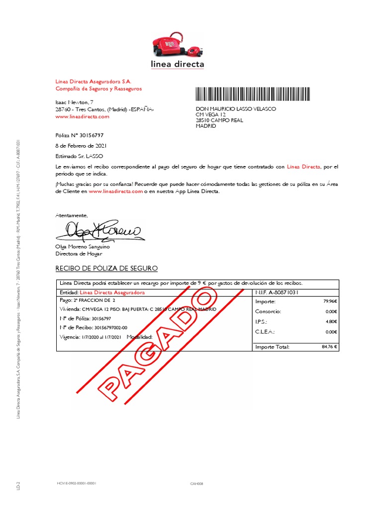 Documentación de Su Póliza #30156797 de Línea Directa PDF | PDF ...