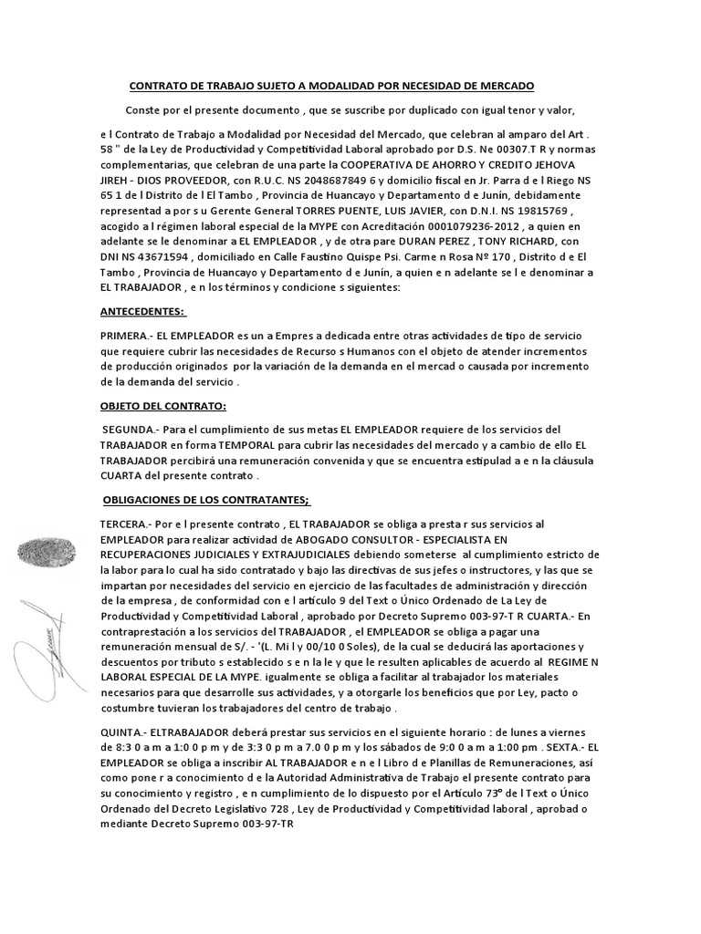 Contrato de Trabajo Sujeto A Modalidad Por Necesidad de Mercado 1 | PDF | Derecho laboral ...
