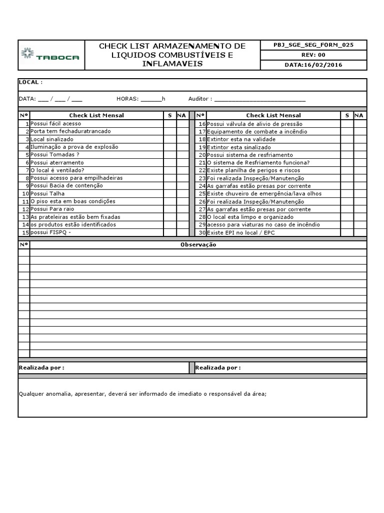 PBJ - Sge - Seg - Form - 025 - Check List Armazenamento de Liquidos Combustíveis e Inflamaveis | PDF