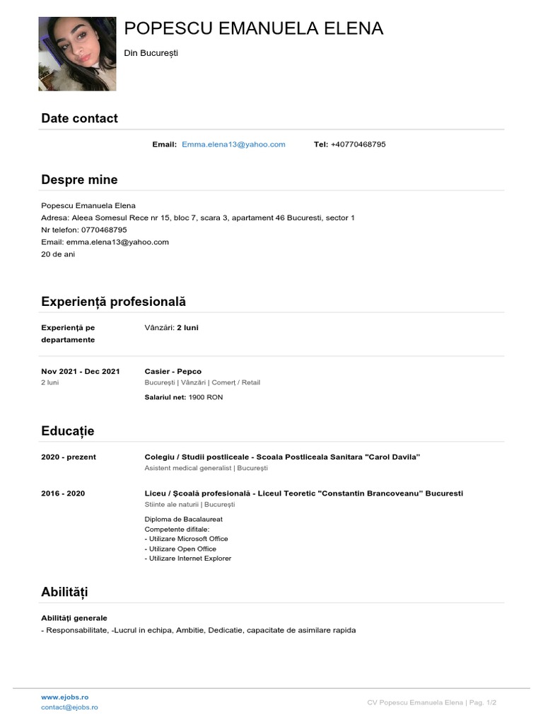 CV - Popescu - Emanuela Elena - Ro PDF | PDF