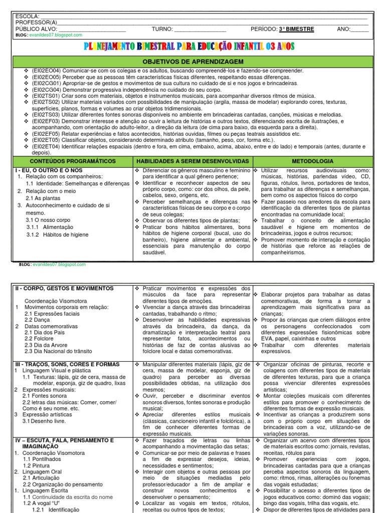 Plano de aula para educação infantil de 3 anos com foco no ...