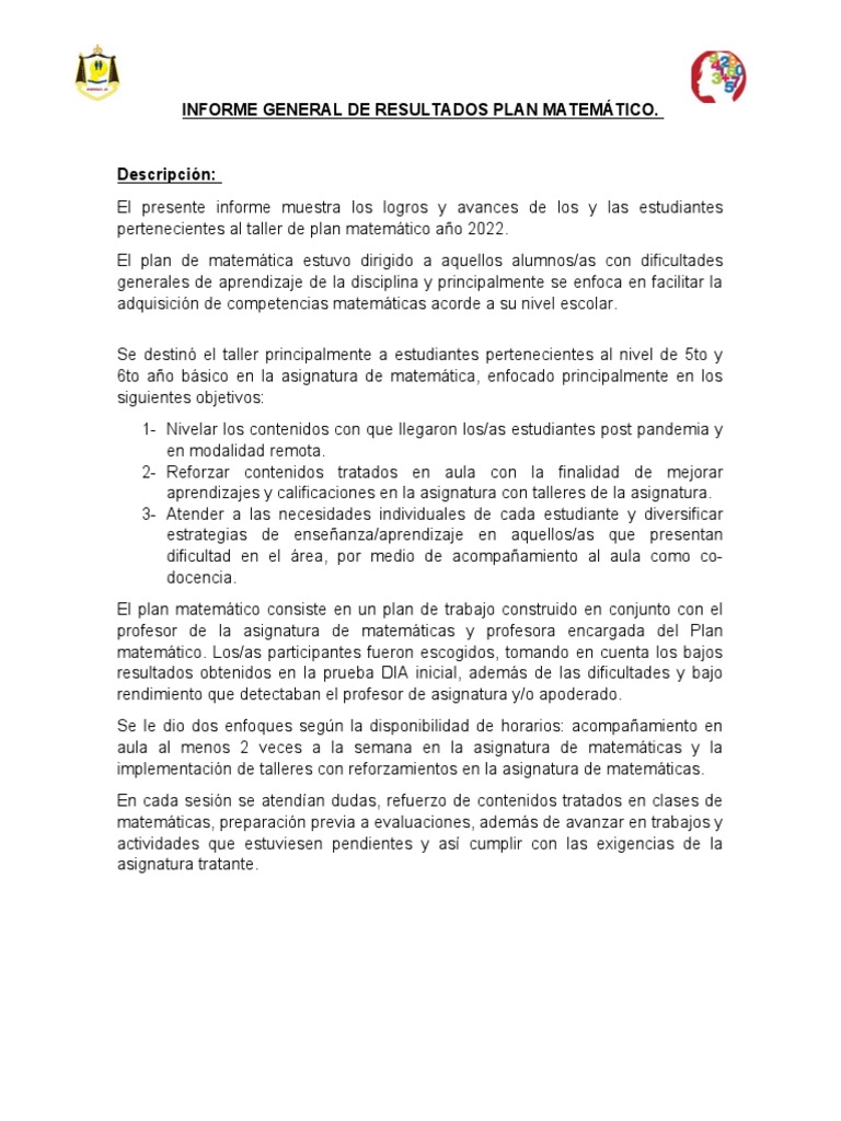 INFORME GENERAL DE RESULTADOS PLAN MATEMÁTICO | PDF | Salón de clases ...