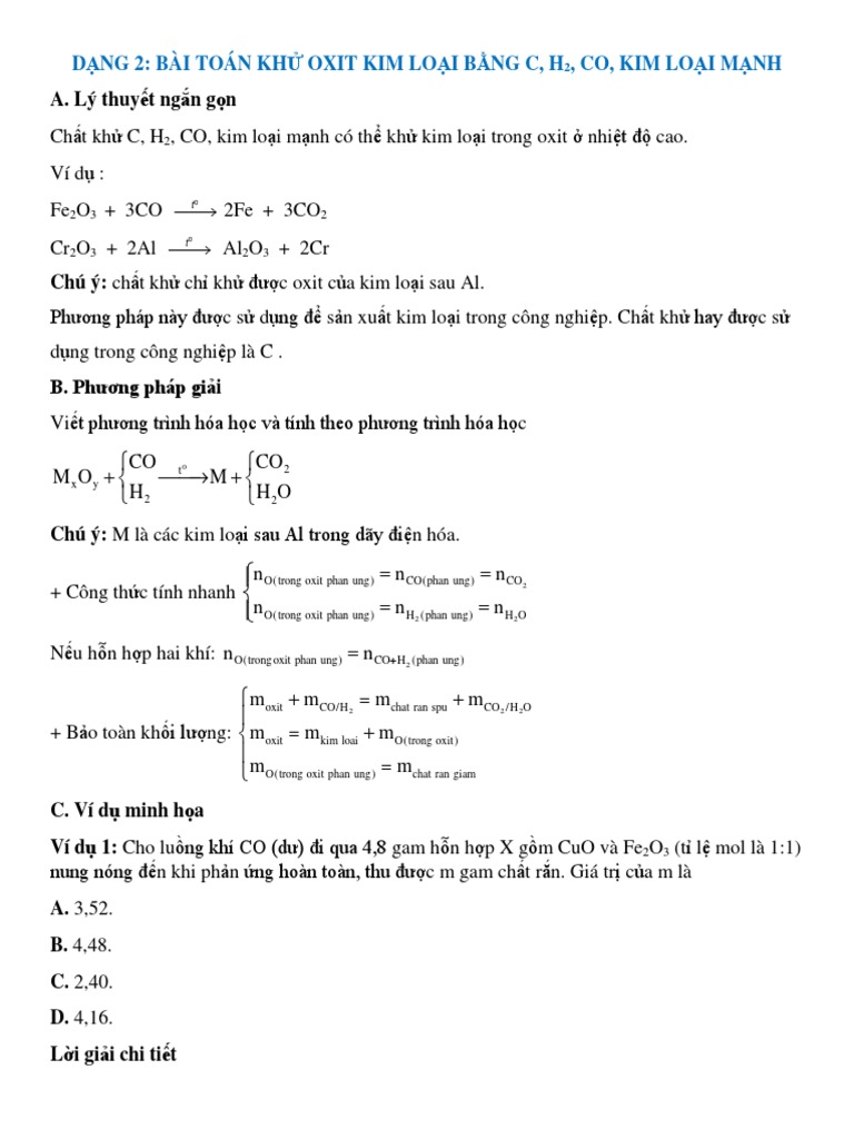 Cac Dang Toan Khu Oxit Kim Loai Bang C h2 Co Kim Loai Manh Va Cach Gia | PDF